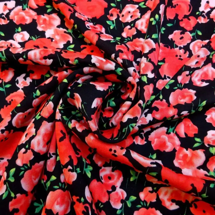 Viscose Fabric Floral Meadow Paradise Coral Black | Fabric Land