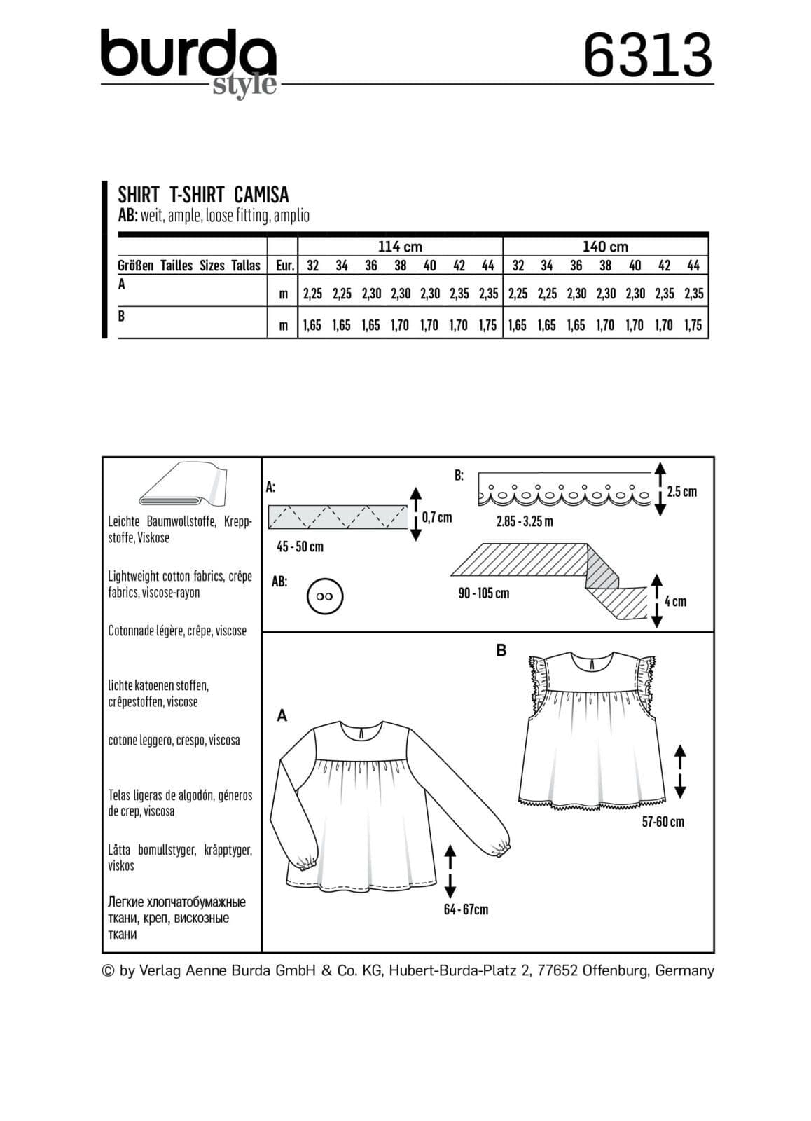 Burda Sewing Pattern 6313- Buy Fabric & Sewing Patterns - Fabric Land