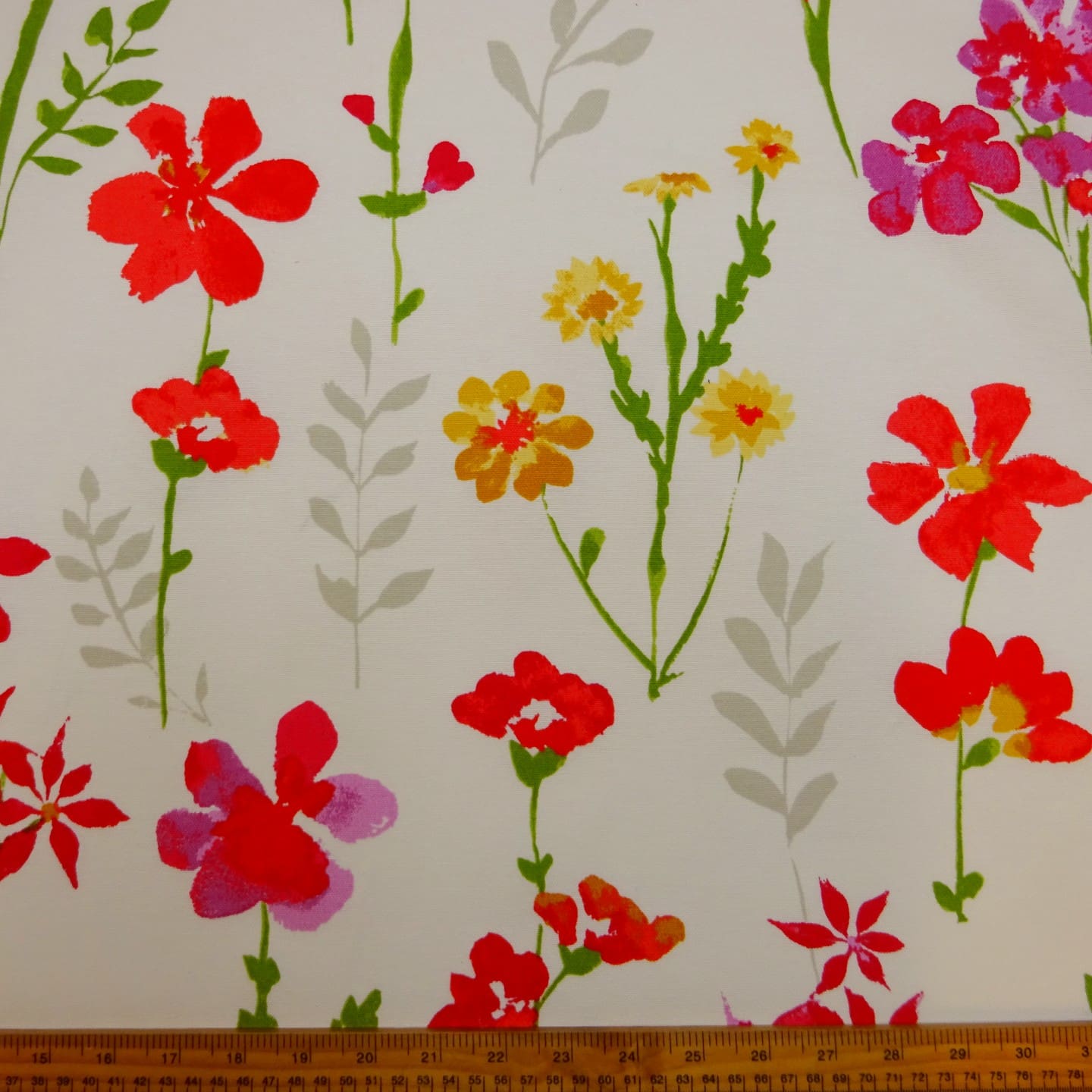 Curtain Fabric Canvas Popping Flowers Ivory Red | Fabric Land